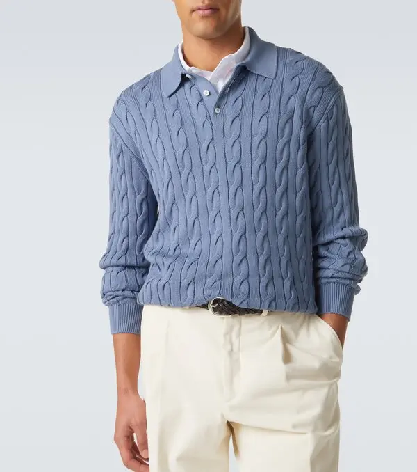Ralph Lauren Purple Label Cable-knit Cotton And Silk Polo Sweater - Blue
