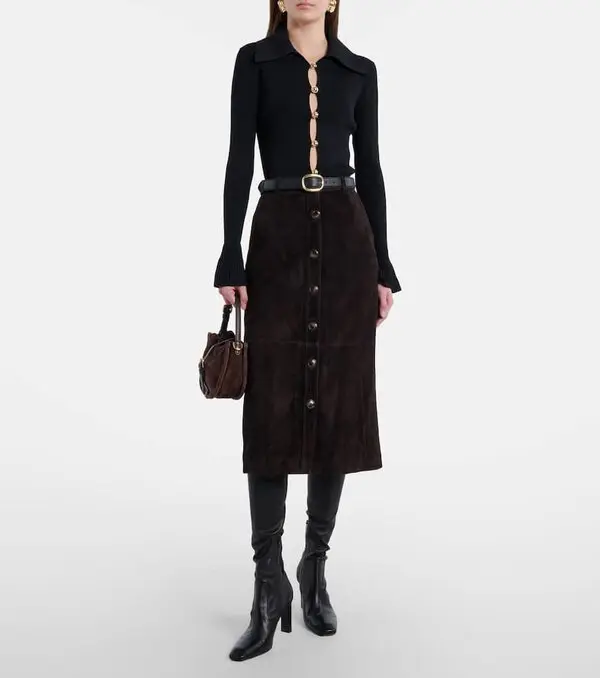 SELF-PORTRAIT Suede Midi Skirt With Buttoned Front