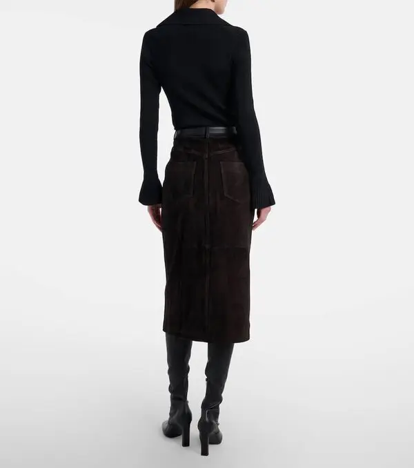 SELF-PORTRAIT Suede Midi Skirt With Buttoned Front