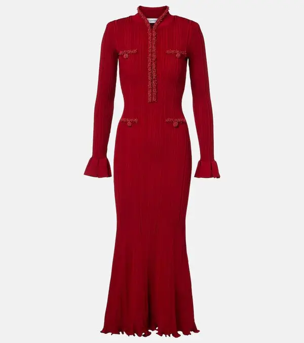 SELF-PORTRAIT Beaded Ribbed-knit Midi Dress