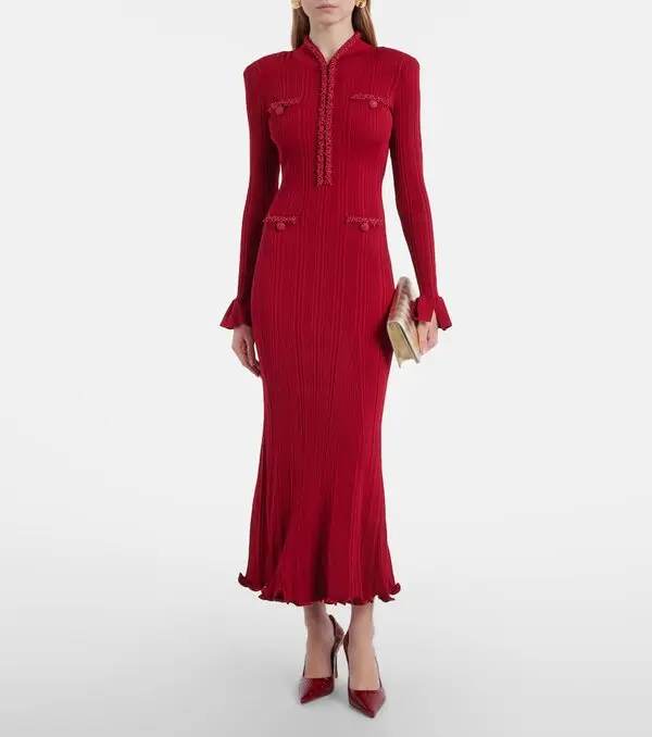SELF-PORTRAIT Beaded Ribbed-knit Midi Dress
