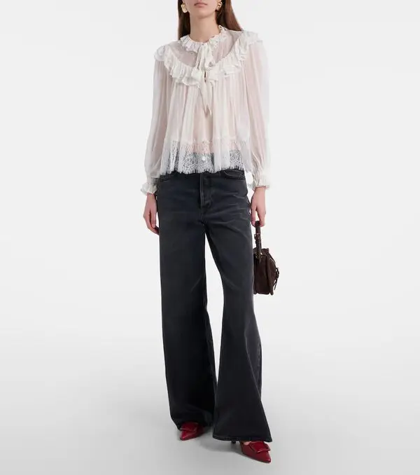 SELF-PORTRAIT Gathered Georgette And Lace Blouse
