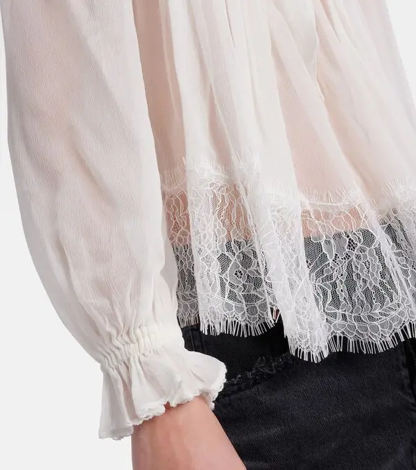 SELF-PORTRAIT Gathered Georgette And Lace Blouse