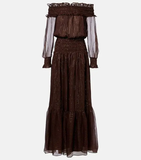 SELF-PORTRAIT Shirred Silk-blend Georgette Maxi Dress
