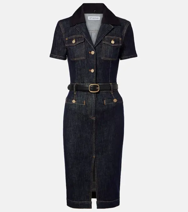 SELF-PORTRAIT Belted Denim Midi Dress