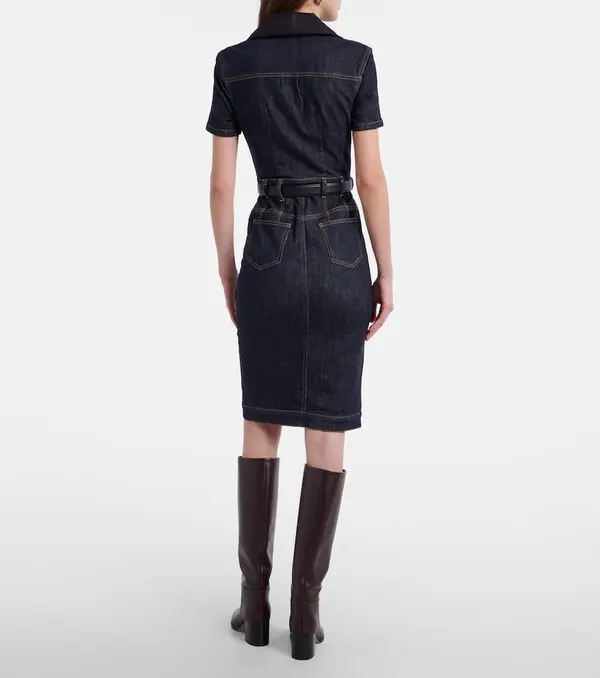 SELF-PORTRAIT Belted Denim Midi Dress