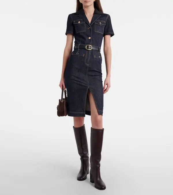 SELF-PORTRAIT Belted Denim Midi Dress