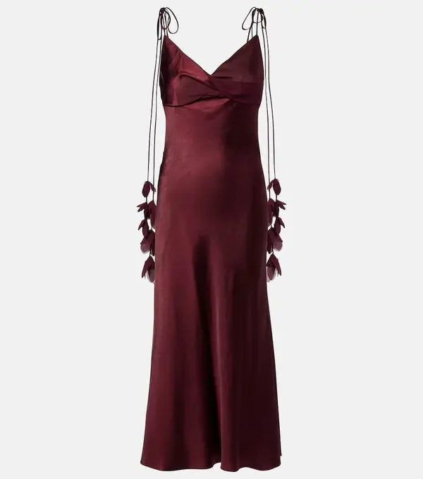 SELF-PORTRAIT Floral-applique Satin Slip Dress - Burgundy