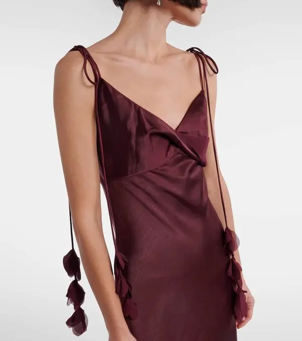 SELF-PORTRAIT Floral-applique Satin Slip Dress - Burgundy