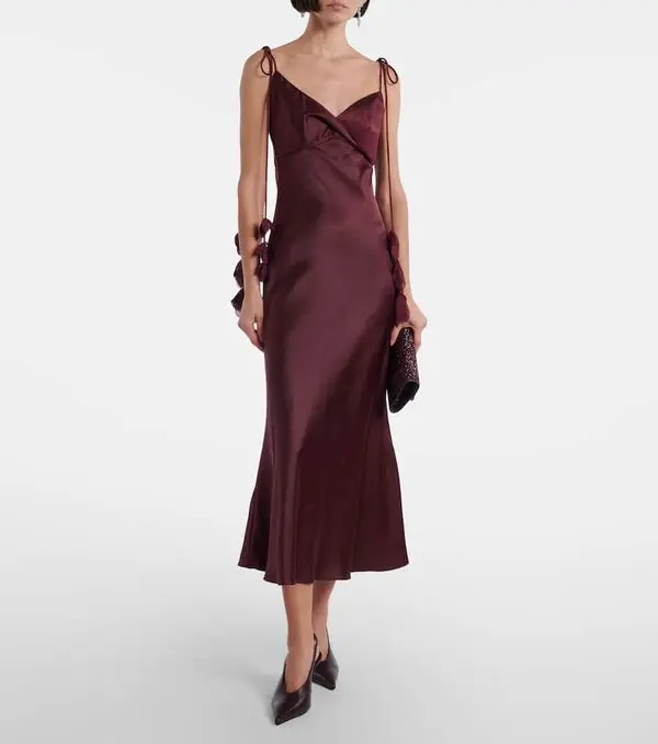 SELF-PORTRAIT Floral-applique Satin Slip Dress - Burgundy