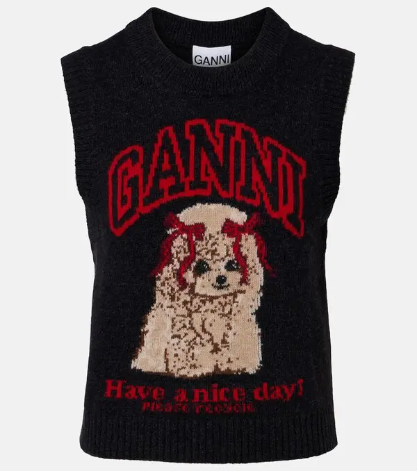 GANNI Printed Wool-blend Vest - Black
