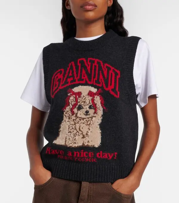 GANNI Printed Wool-blend Vest - Black