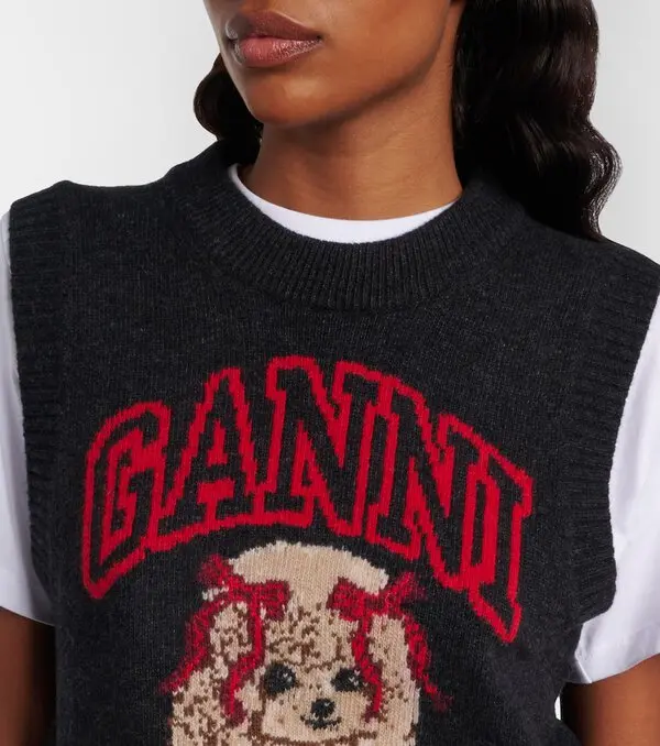GANNI Printed Wool-blend Vest - Black