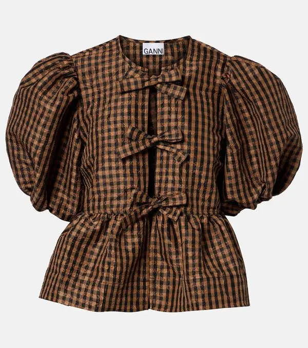 GANNI Bow-detail Checked Peplum Blouse - Brown