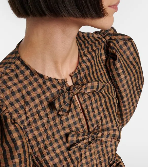 GANNI Bow-detail Checked Peplum Blouse - Brown