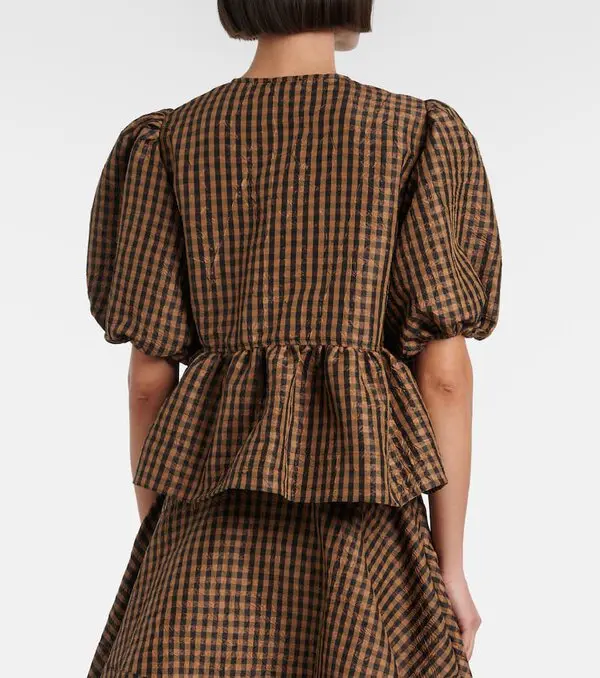 GANNI Bow-detail Checked Peplum Blouse - Brown