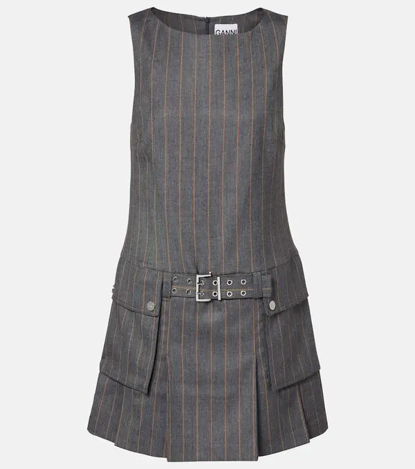 GANNI Belted Pinstripe Mini Dress - Grey