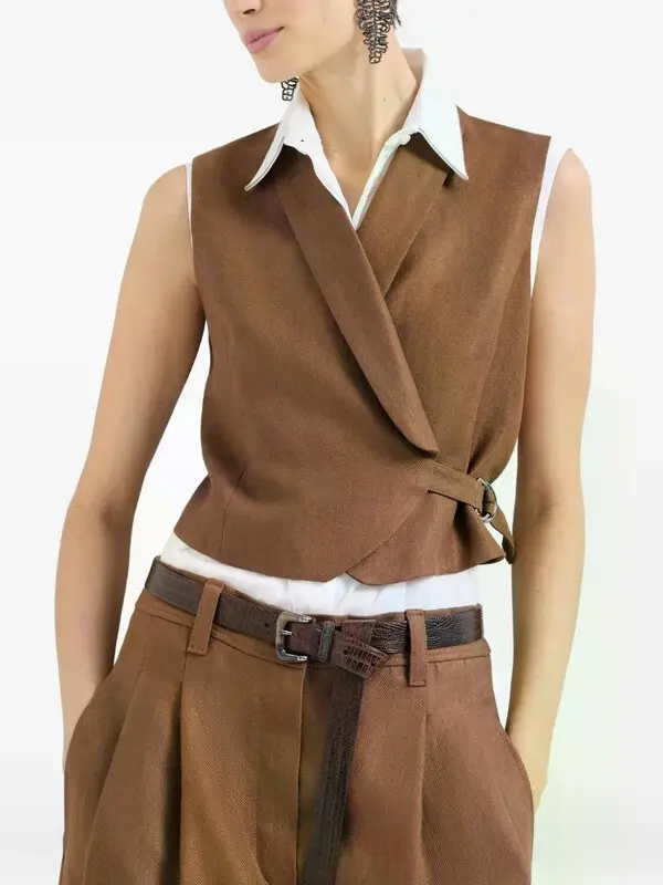 Brunello Cucinelli Diagonal Buckle Linen Gilet - Brown