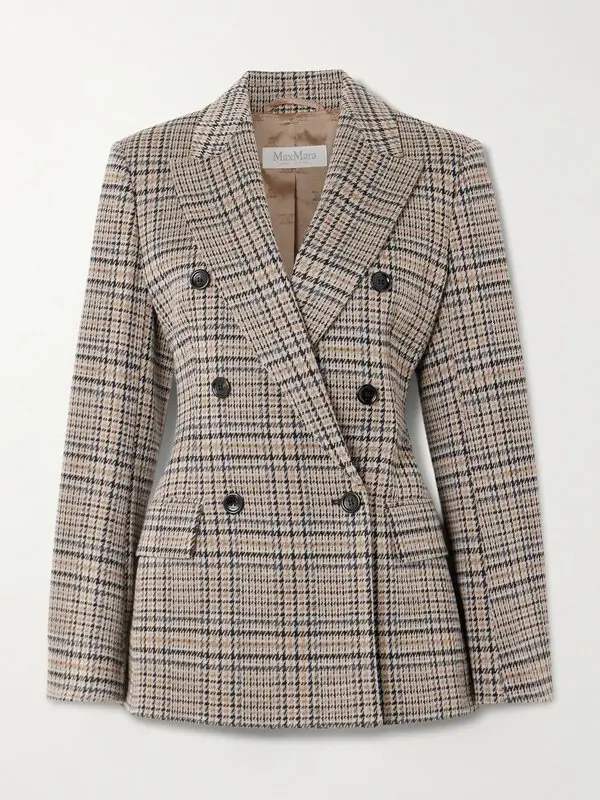 Max Mara Houndstooth Wool And Cotton-blend Double-breasted Blazer - Brown