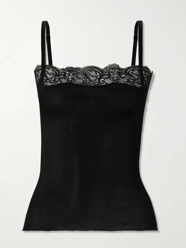 Saint Laurent Scalloped Lace-trimmed Ribbed Silk-jersey Tank - Black