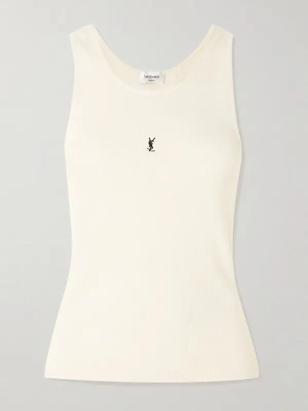 Saint Laurent Cassandre Embroidered Ribbed Tank - Neutrals