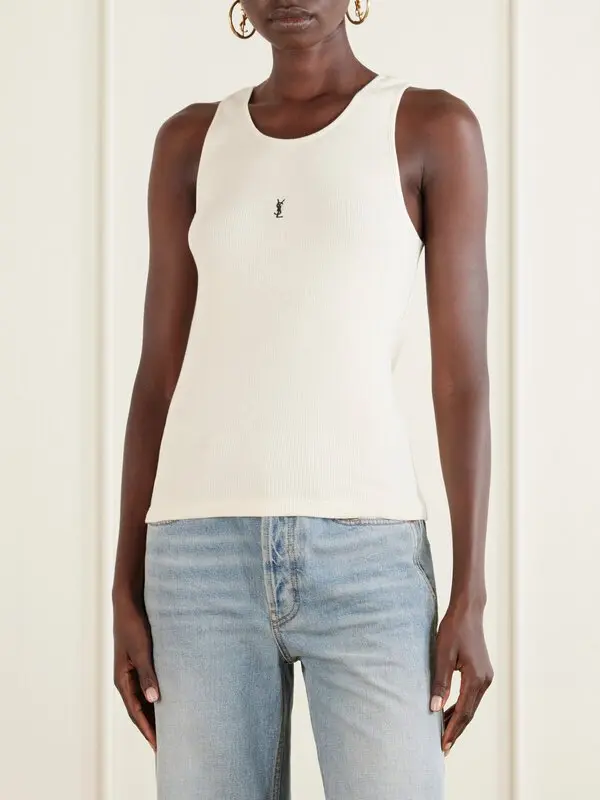 Saint Laurent Cassandre Embroidered Ribbed Tank - Neutrals