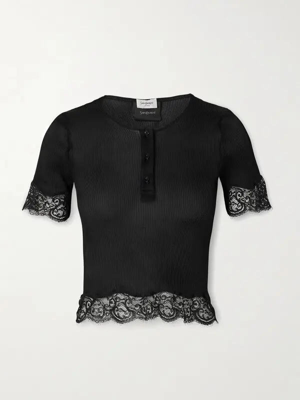 Saint Laurent Scalloped Lace-trimmed Ribbed Henley Top - Black