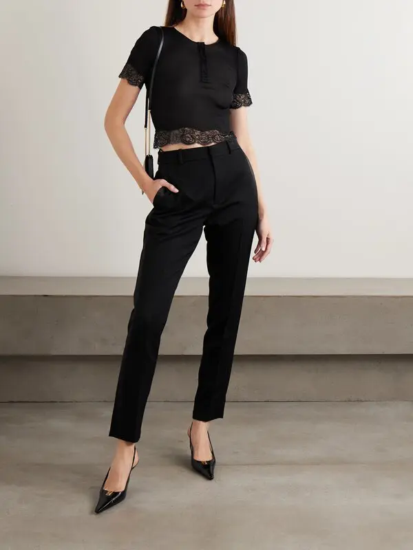 Saint Laurent Scalloped Lace-trimmed Ribbed Henley Top - Black