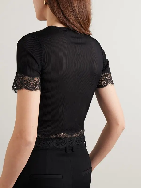 Saint Laurent Scalloped Lace-trimmed Ribbed Henley Top - Black