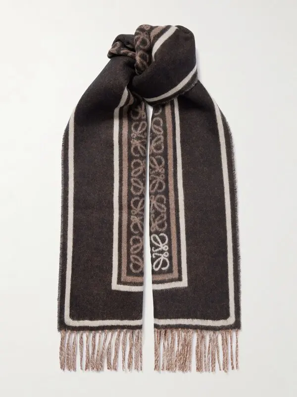 Loewe Fringed Wool And Cashmere-blend Jacquard Scarf - Brown