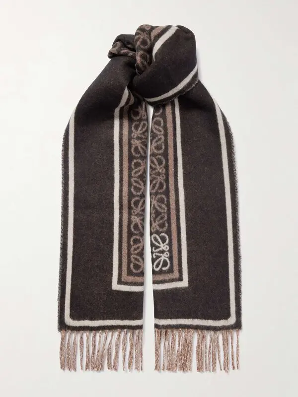 Loewe Fringed Wool And Cashmere-blend Jacquard Scarf - Dark Brown