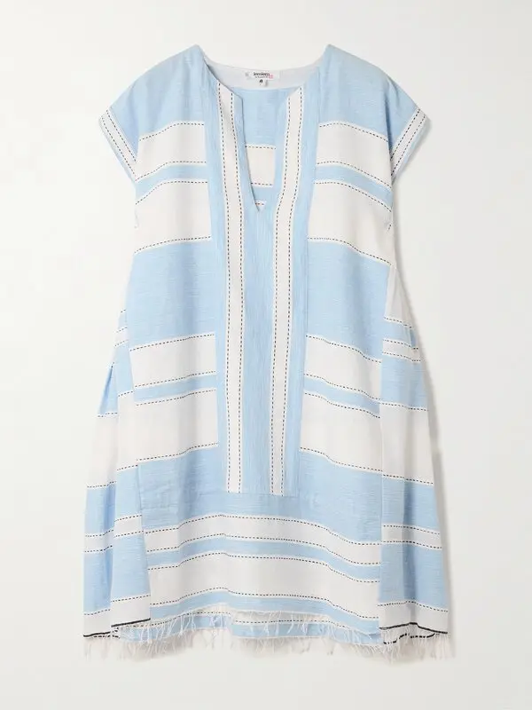 LEMLEM Elina Fringed Striped Cotton-blend Kaftan - Blue