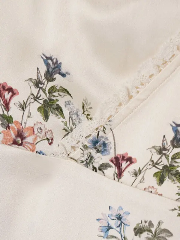 DEn Tahlia Floral-Print Silk-Charmeuse Midi Dress With Lace Trim - White |  Editorialist