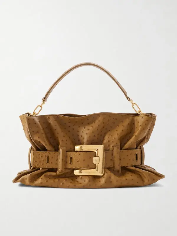 Balmain Anthem Buckled Ostrich-effect Leather Shoulder Bag - Brown