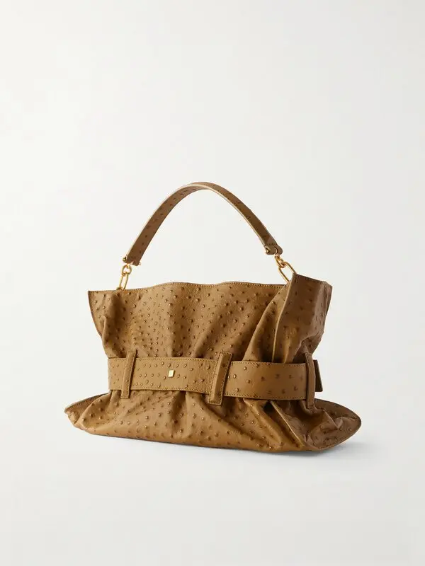 Balmain Anthem Buckled Ostrich-effect Leather Shoulder Bag - Brown