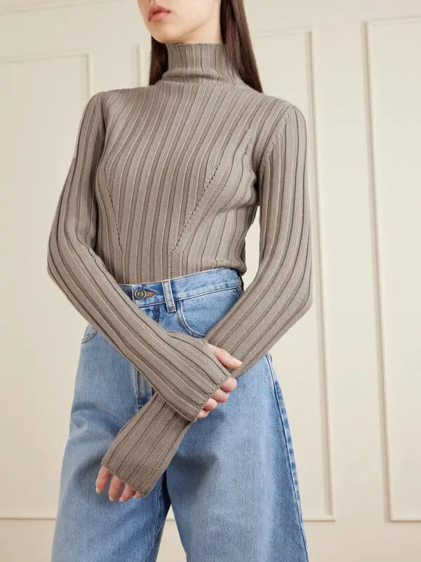 Alaïa Ribbed Wool Turtleneck Bodysuit - Brown
