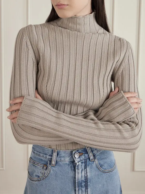 Alaïa Ribbed Wool Turtleneck Bodysuit - Brown