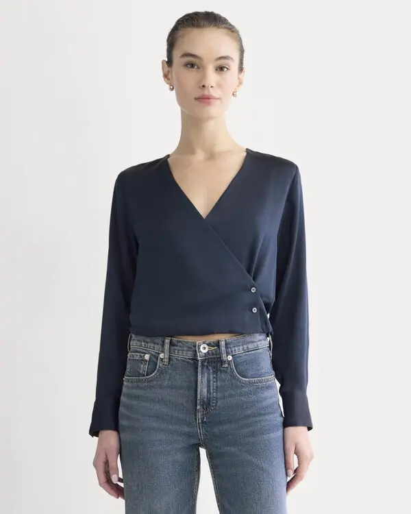 Everlane Silk Charmeuse Wrap Top - Navy