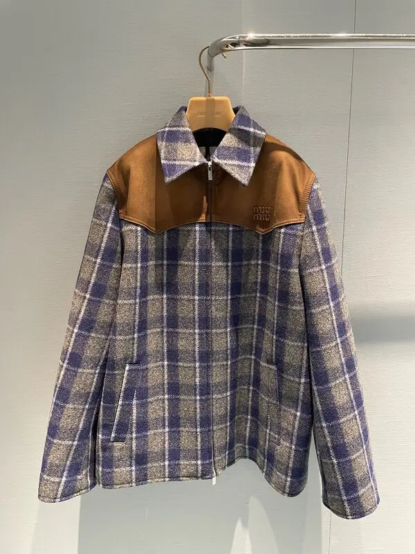 Miu Miu Plaid Zip Up Jacket - Blue Plaid, Brown