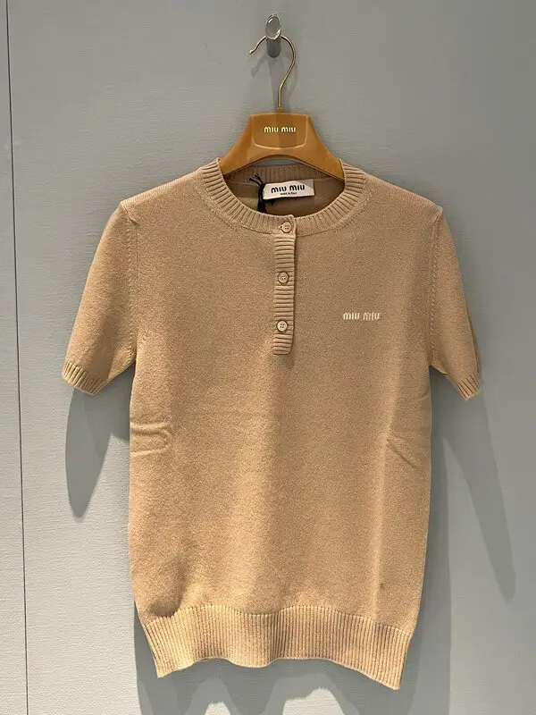 Miu Miu Short Sleeve Camel Henley Cashmere