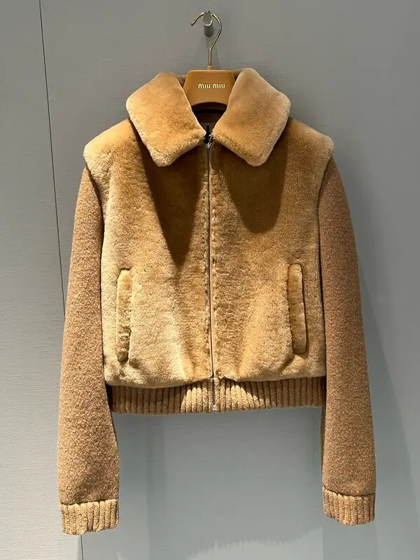 Miu Miu Fur Bomber With Knit Sleeves - Beige