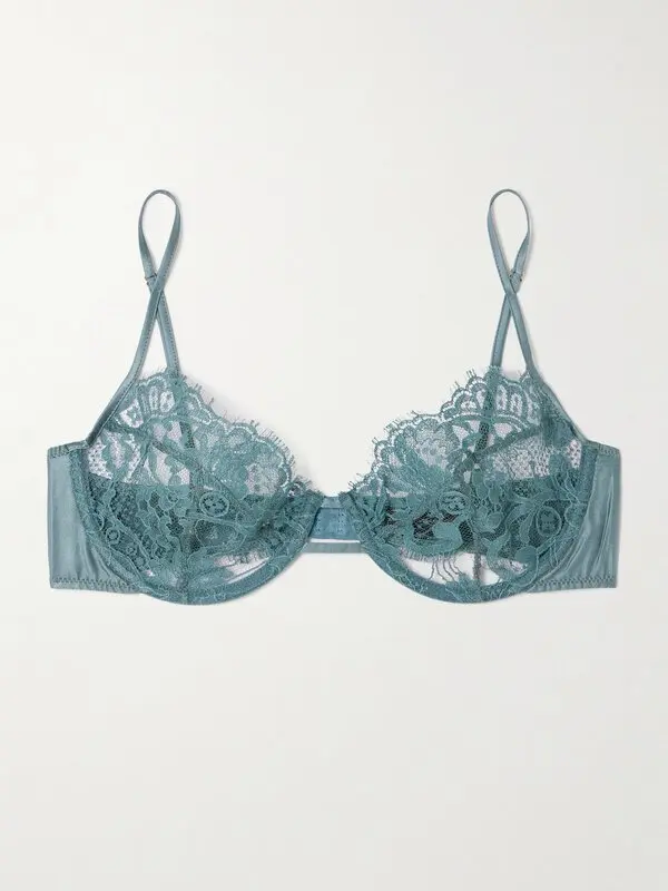 Kiki De Montparnasse Camille Stretch-silk Satin-trimmed Organic Cotton-lace Underwired Balconette Bra - Blue