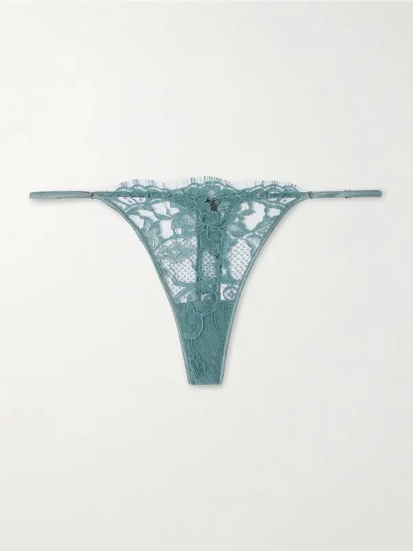 Kiki De Montparnasse Camille Stretch-silk Satin-trimmed Organic Cotton-lace Thong - Green