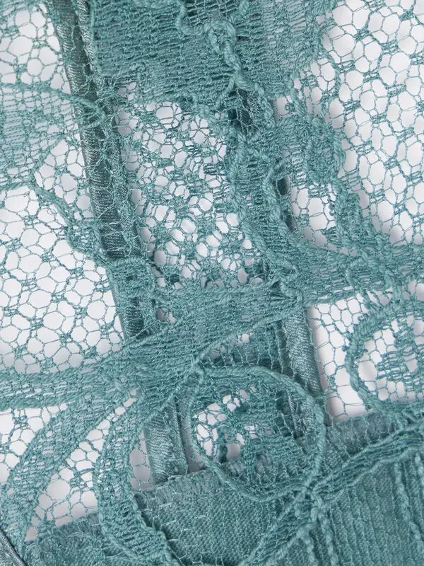 Kiki De Montparnasse Camille Stretch-silk Satin-trimmed Organic Cotton-lace Thong - Green