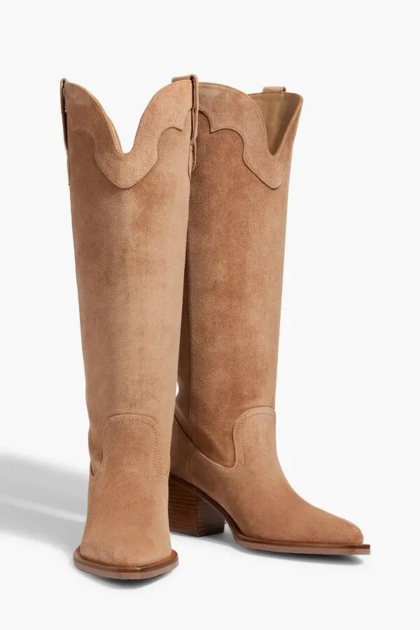 STUART WEITZMAN Suede Cowboy Boots With Stacked Heel - Camel