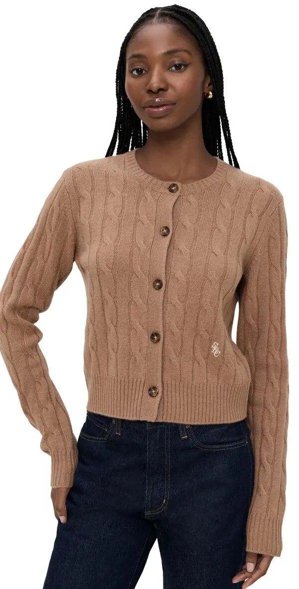 SPORTY & RICH Cable Knit Cashmere Cardigan - Camel