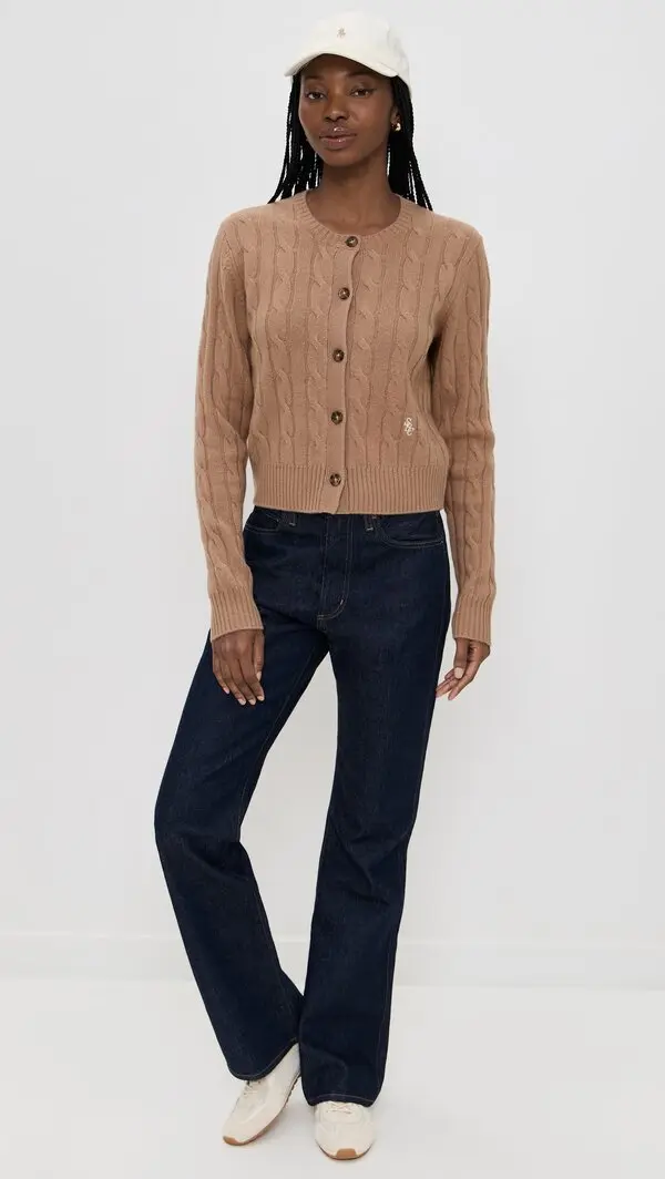 SPORTY & RICH Cable Knit Cashmere Cardigan - Camel