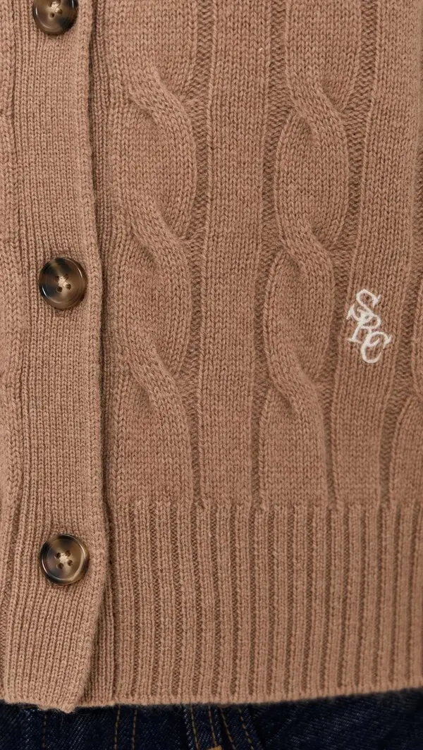 SPORTY & RICH Cable Knit Cashmere Cardigan - Camel