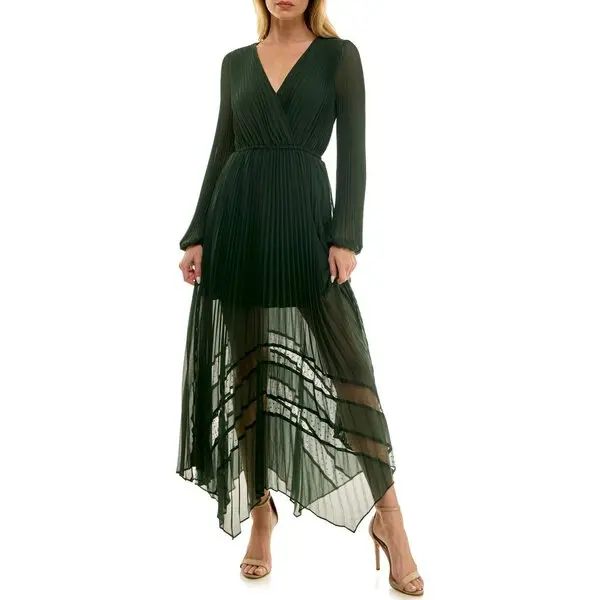 SOCIALITE Long Sleeve Lace Inset Pleated Chiffon Dress - Deep Hunter