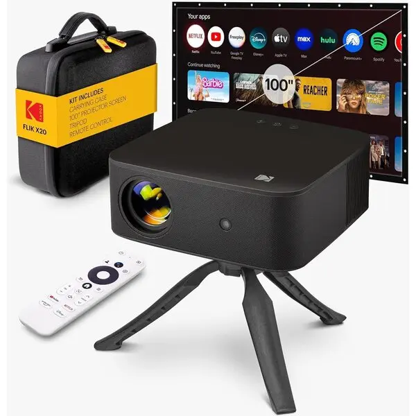 KODAK Flik X20 Full Hd Smart Projector Kit With 100" Screen, Tripod, Remote, Wi-fi - Black